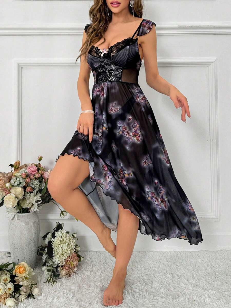 Women's Floral Print Lace Loungewear Nightgown | SHEIN USA