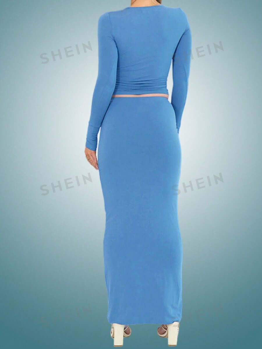 SHEIN Privé Ladies Solid Color Round Neck Slim Fit T-shirt And Skirt ...