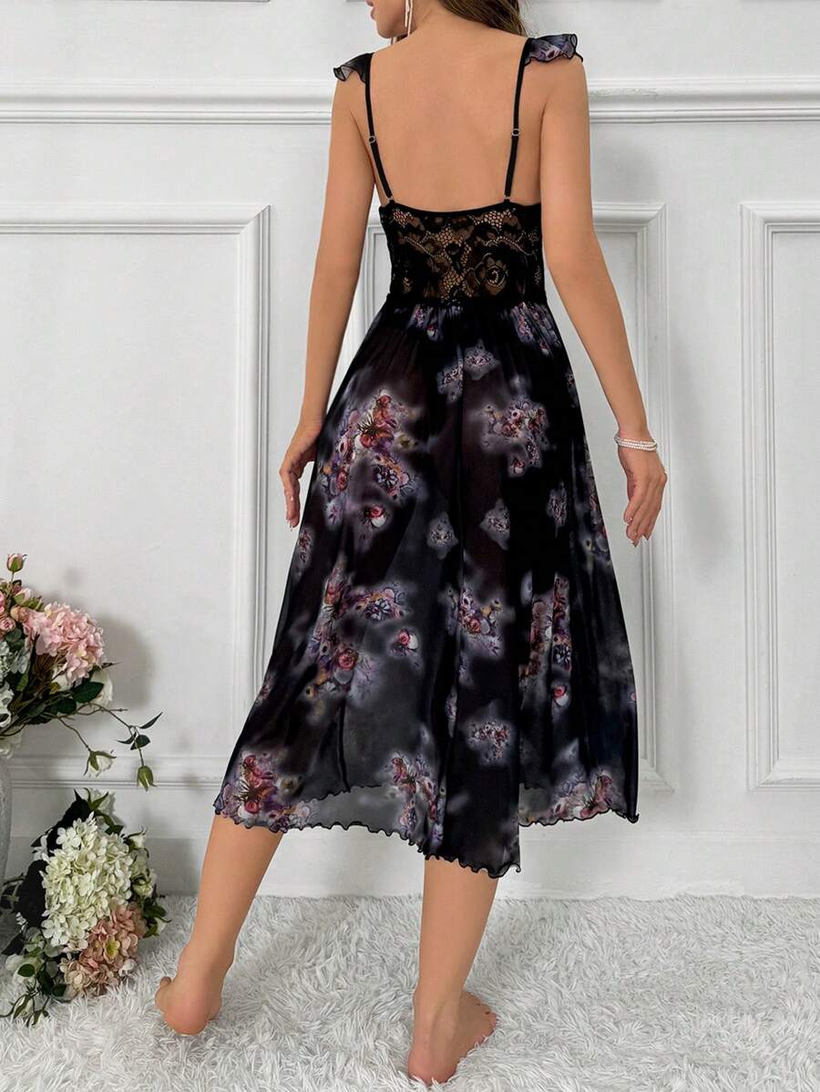 Women's Floral Print Lace Loungewear Nightgown | SHEIN USA