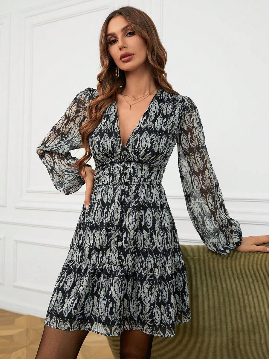 SHEIN Privé Women's Boho Full Printed Lantern Sleeve Dress | SHEIN UK