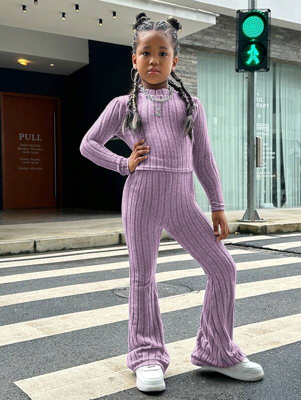 SHEIN Kids Cooltwn Tween Girls' Street Style Athletic Knit Ribbed Set ...