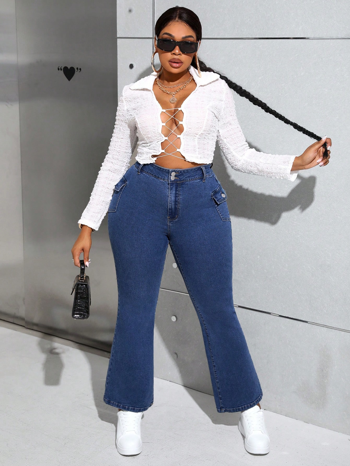 SHEIN Essnce Plus Size Flared Leg Jeans With Flip Pocket Design | SHEIN