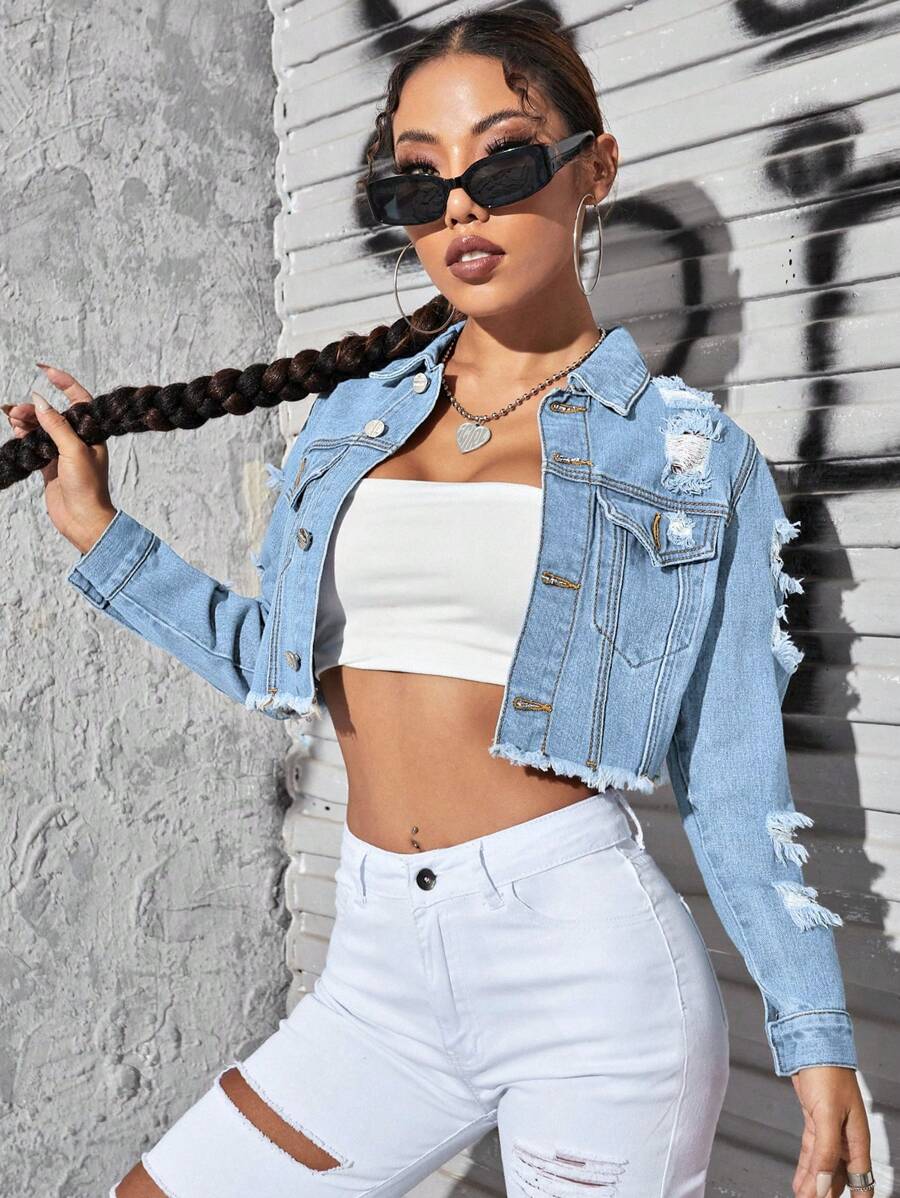 SHEIN EZwear Women's Ripped Denim Jacket | SHEIN USA
