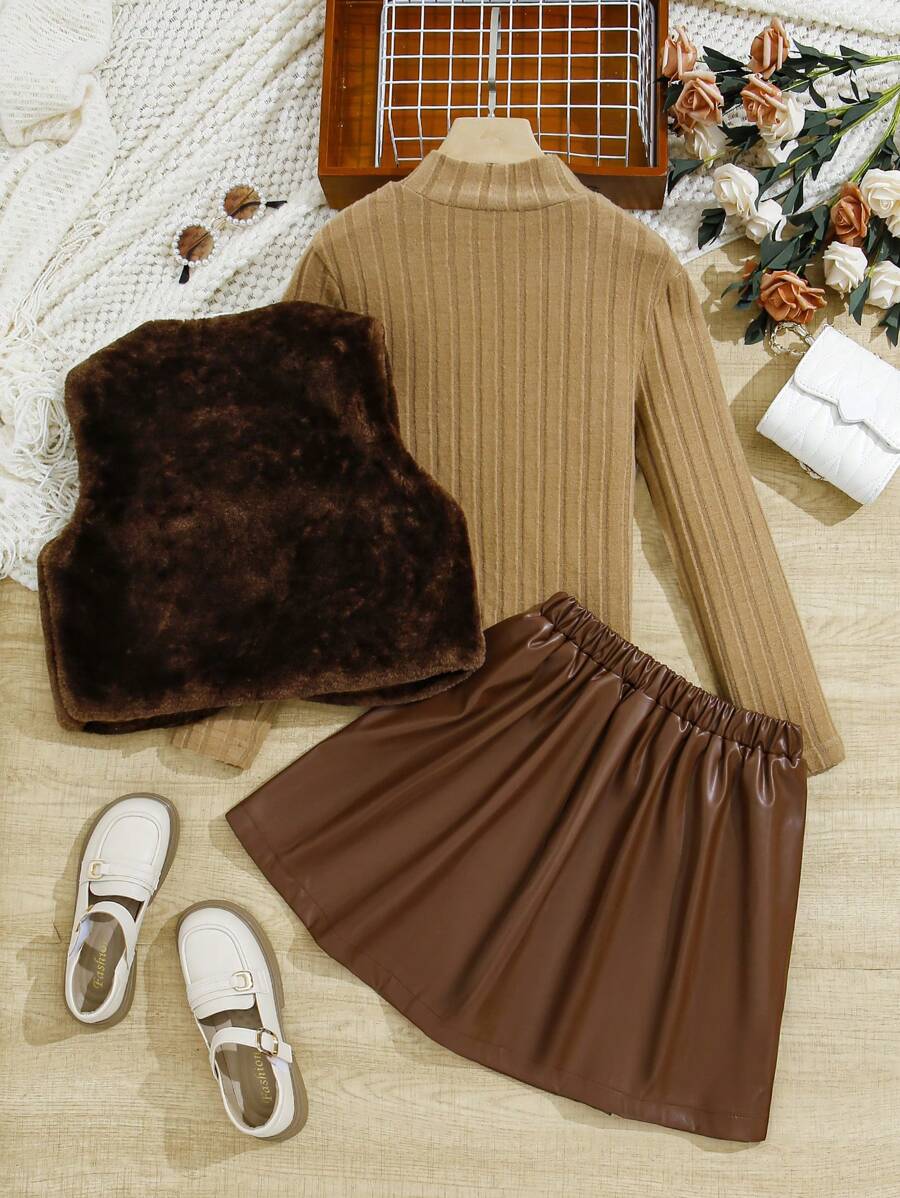 SHEIN Tween Girls' High-End Fleece Vest, Long Sleeve Pu Pleated Skirt ...