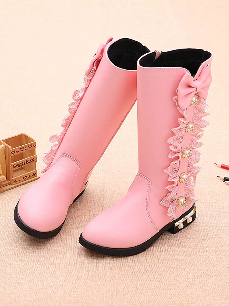 Kids' Boots With Stylish Lace Design And Faux Pearl Decoration For ...