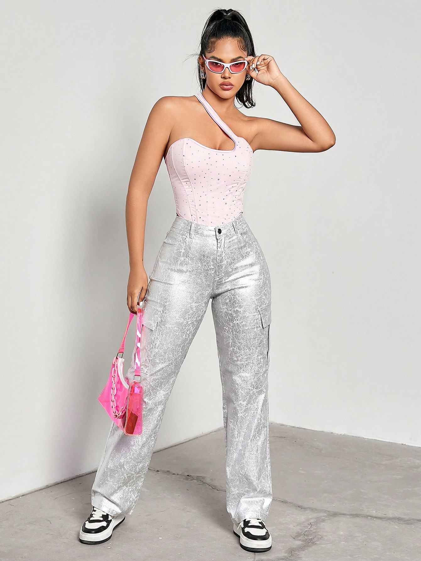 Apperloth A Pantalón De Carga Recto Plateado Con Cintura Alta Estilo ...