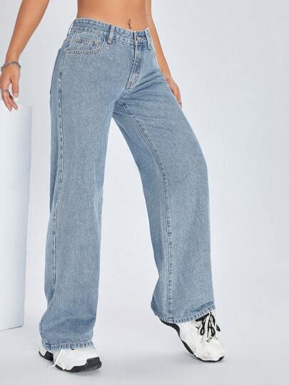 SHEIN ICON Denim Solid Color Simple Design Long Pants | SHEIN USA