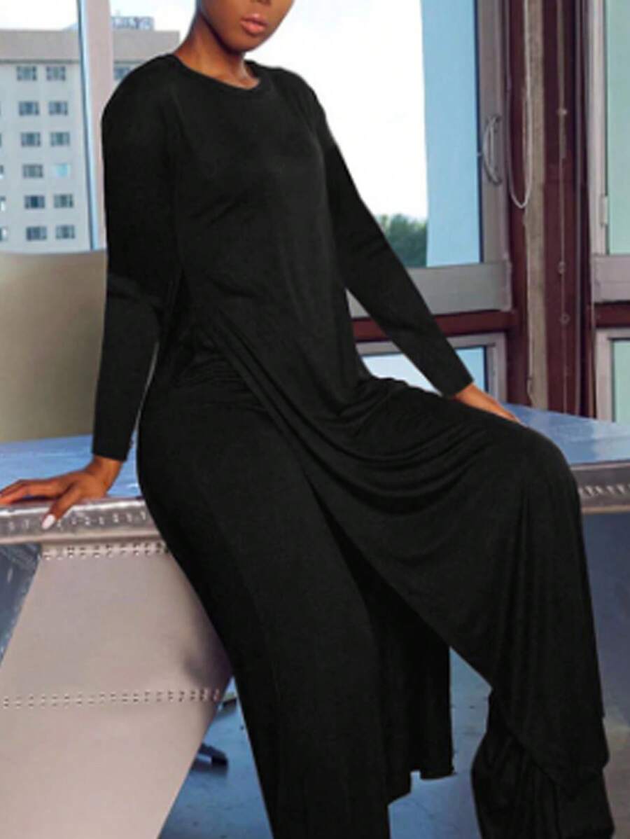 Calvaya Plus Solid Split Thigh Tee & Wide Leg Pants | SHEIN USA