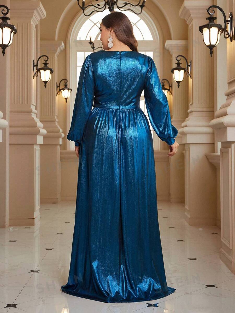 SHEIN Belle Metallic Fabric Deep V-neck Plus Size Evening Formal Dress ...