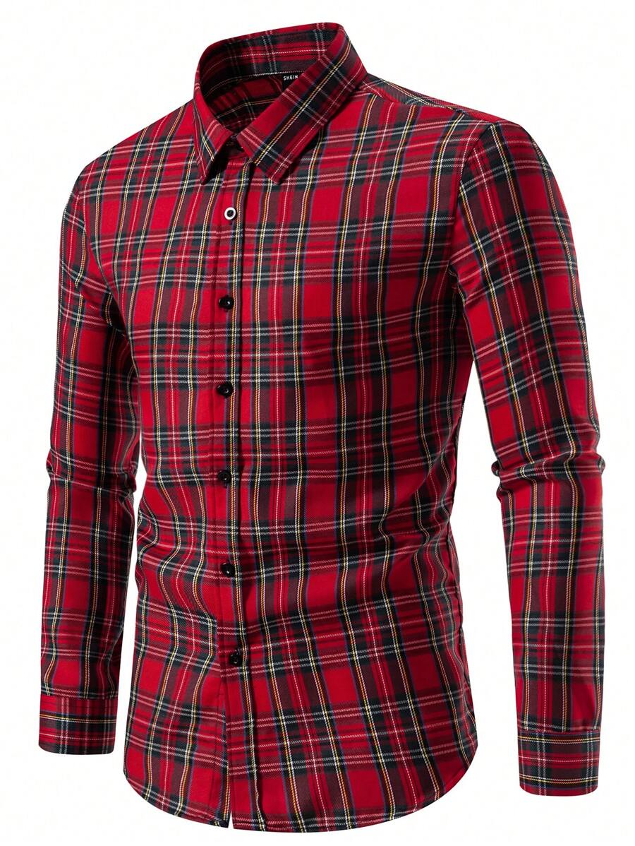 Manfinity Homme Men's Simple Red Black Plaid Long Sleeve Shirt, Button ...