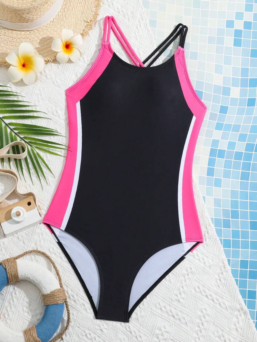 Teenage Girls' Colorblock Cross Strap One Piece Swimsuit | SHEIN USA