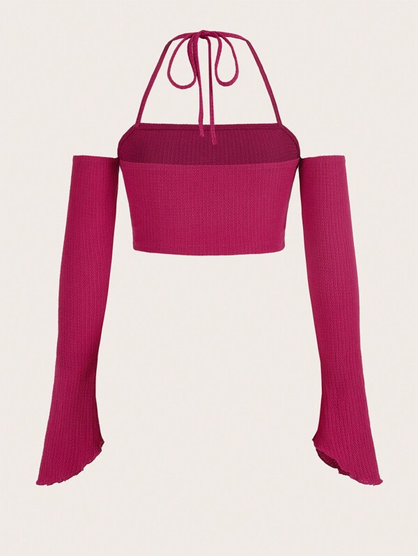 SHEIN ICON 90s Dopamine Dressing Tie Back Off Shoulder Lettuce Trim Top ...