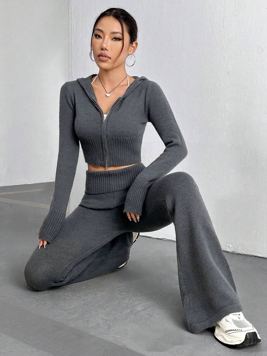 Flirla Women's Zip-Up Hooded Cardigan And Knit Flared Pants Set Fall ...