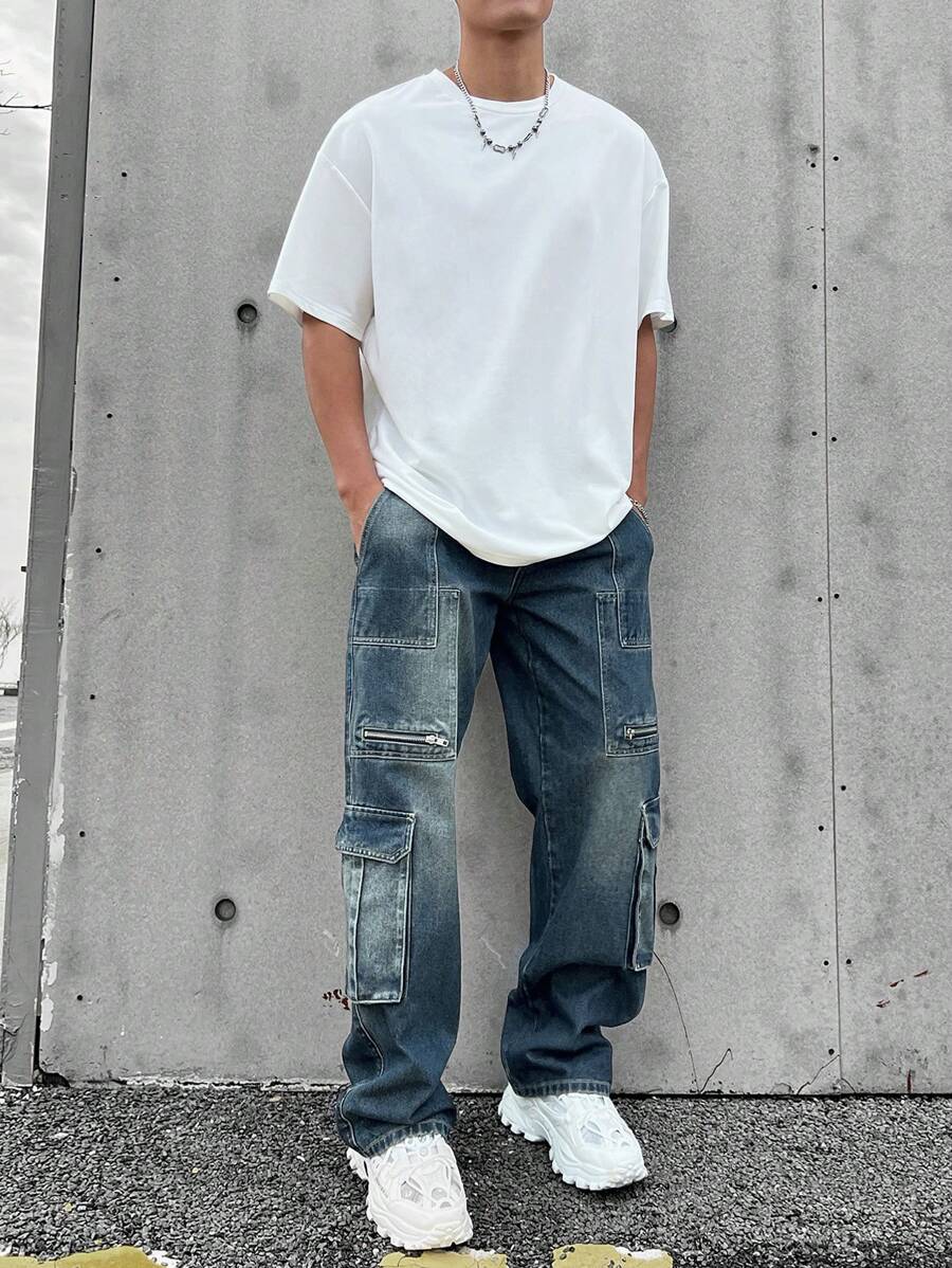 Manfinity EMRG Loose Fit Men's Cargo Denim Jeans With Multiple Pockets ...