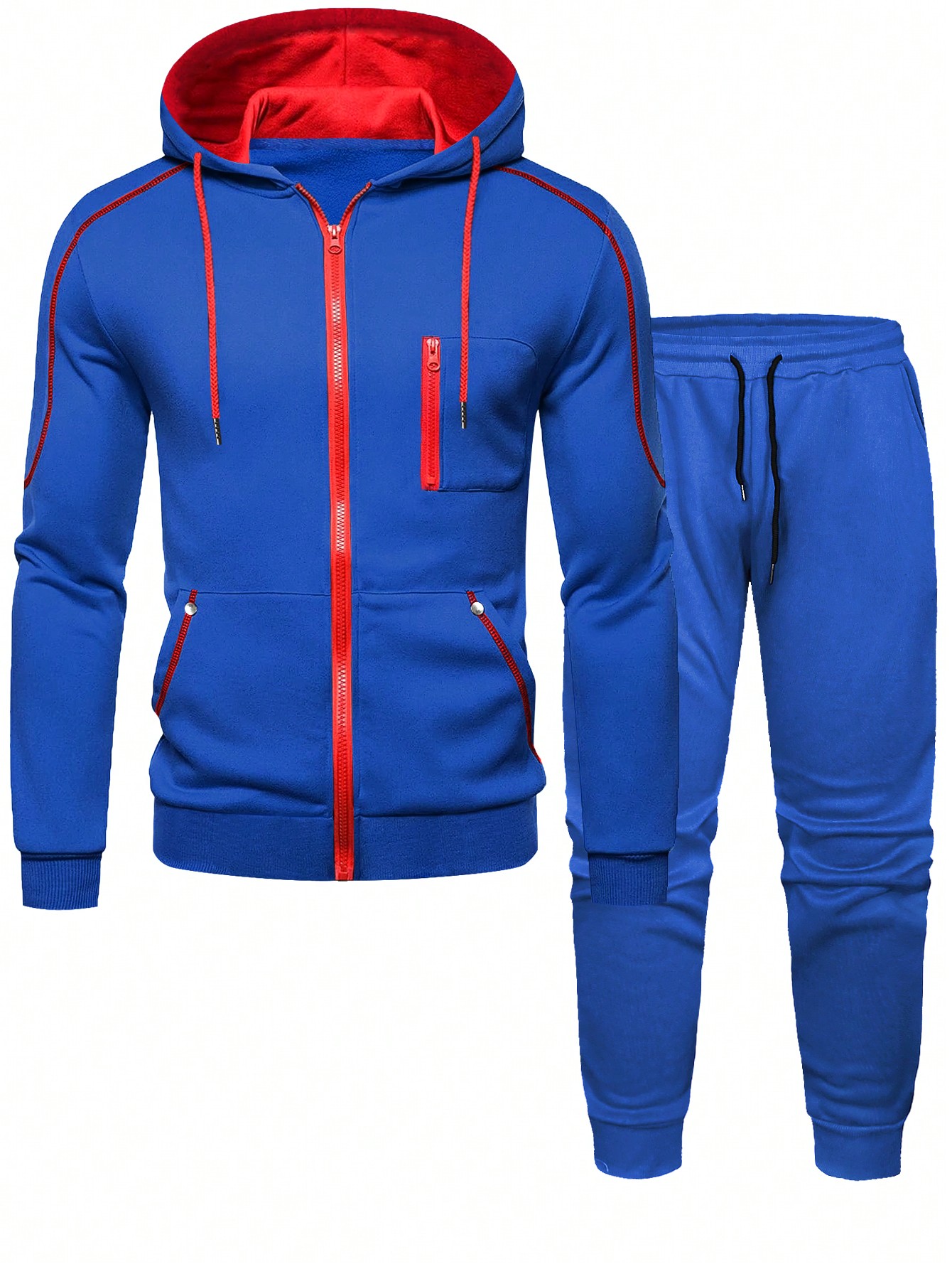 Men's Hooded Zip-up Tracksuit With Contrast Trim And Drawstring | SHEIN USA