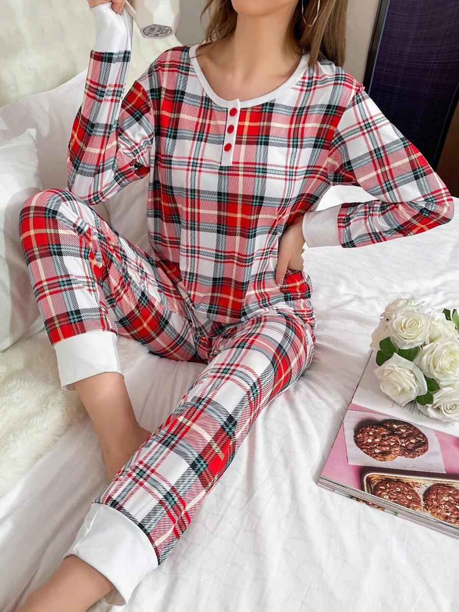 Women's Plaid Henry Top And Long Pants Pajama Set | SHEIN USA