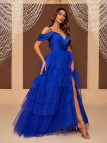 SHEIN Belle Navy Blue Satin Splicing Back Strap Laminated Mesh Split ...