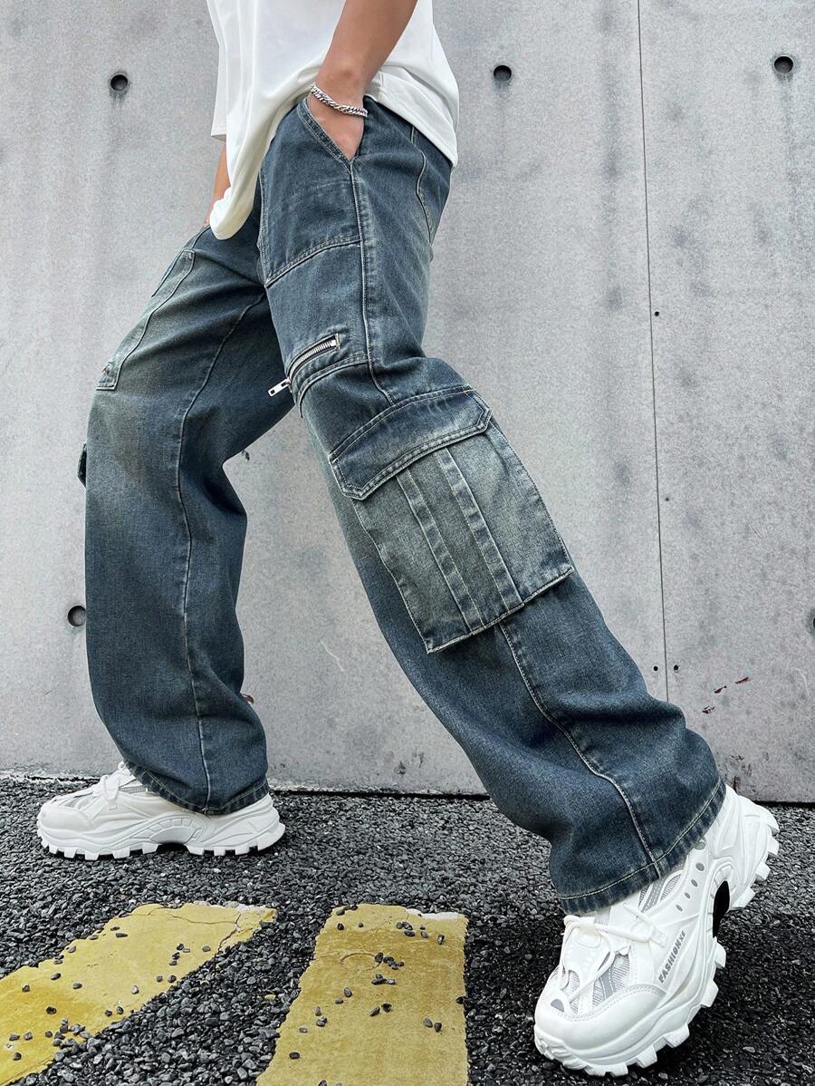 Manfinity EMRG Loose Fit Men's Cargo Denim Jeans With Multiple Pockets ...