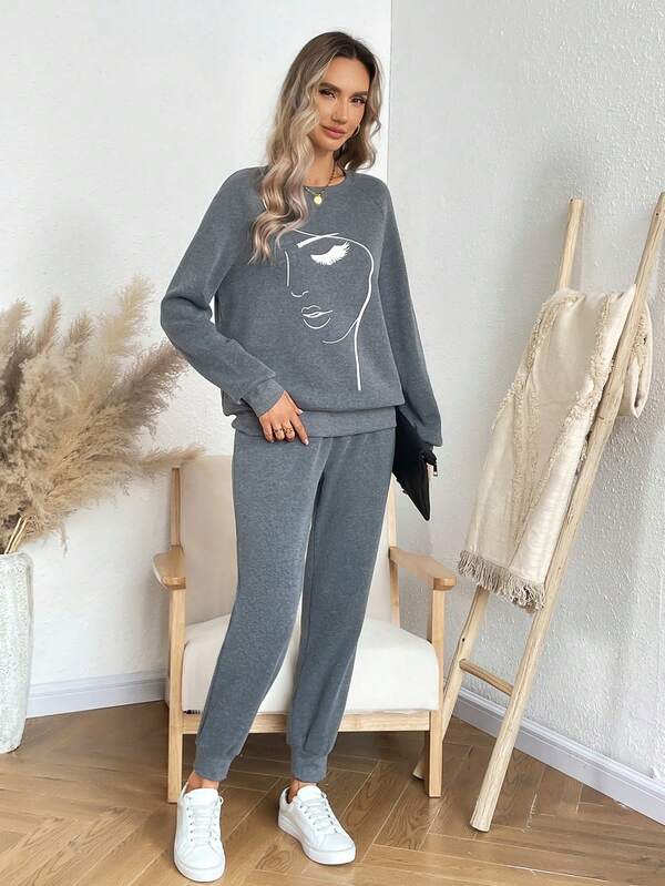 SHEIN LUNE Women's Character Pattern Drop Shoulder Sweatshirt And Pants ...