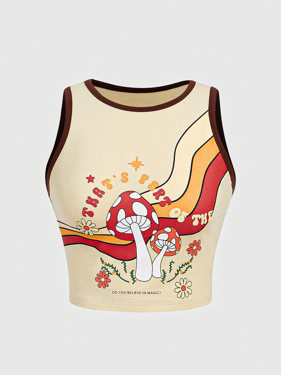 ROMWE Hippie Sleeveless Mushroom Print Colorblock Trim Top | SHEIN USA