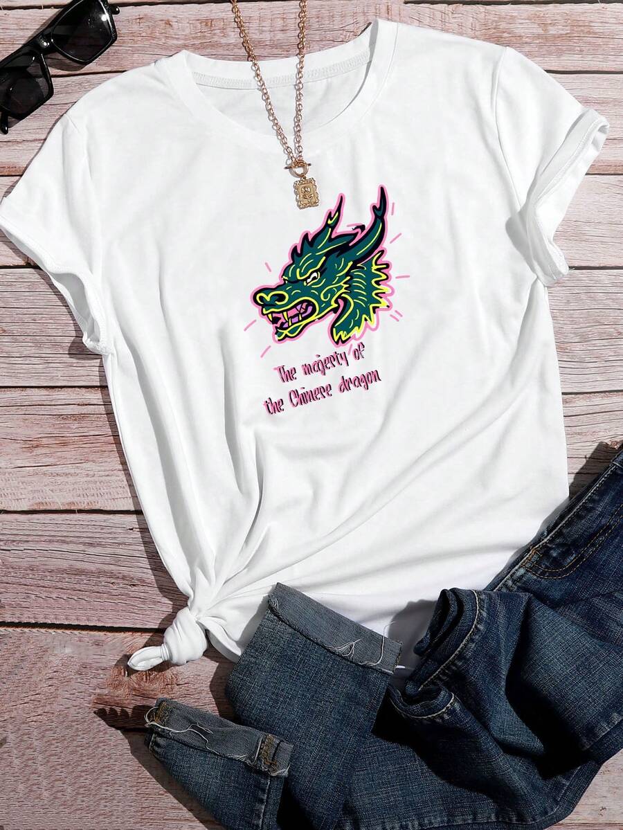 SHEIN LUNE Round Neck Short Sleeve T-Shirt With Chinese Dragon And ...