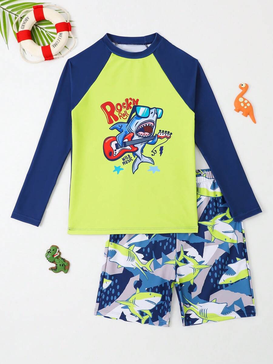 Tween Boy Long Sleeve Rocker Shark & Ocean Series Swimsuit Set | SHEIN EUR