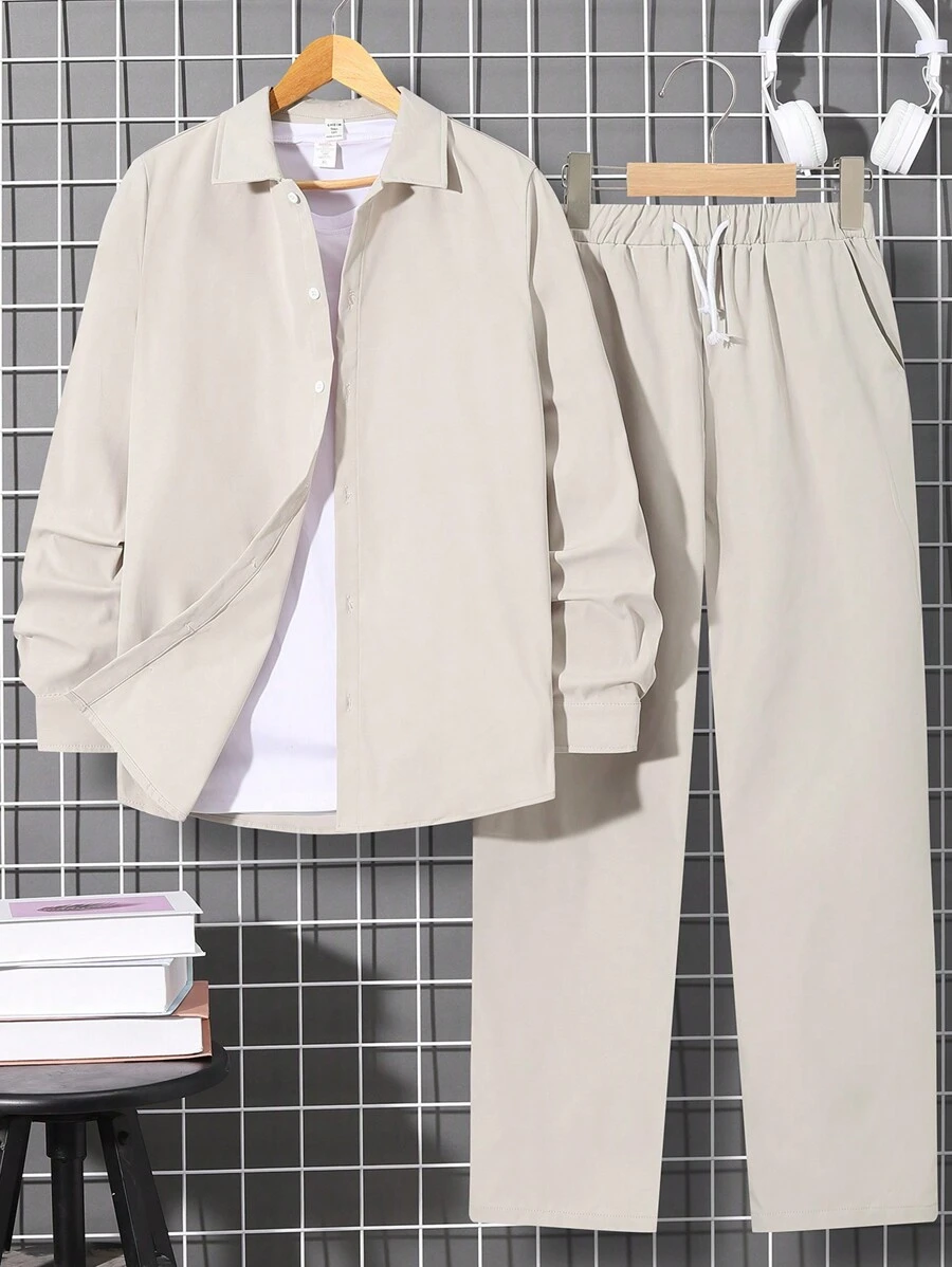 SHEIN Teenage Boys' Casual Loose Solid Color Long Sleeve Shirt And ...