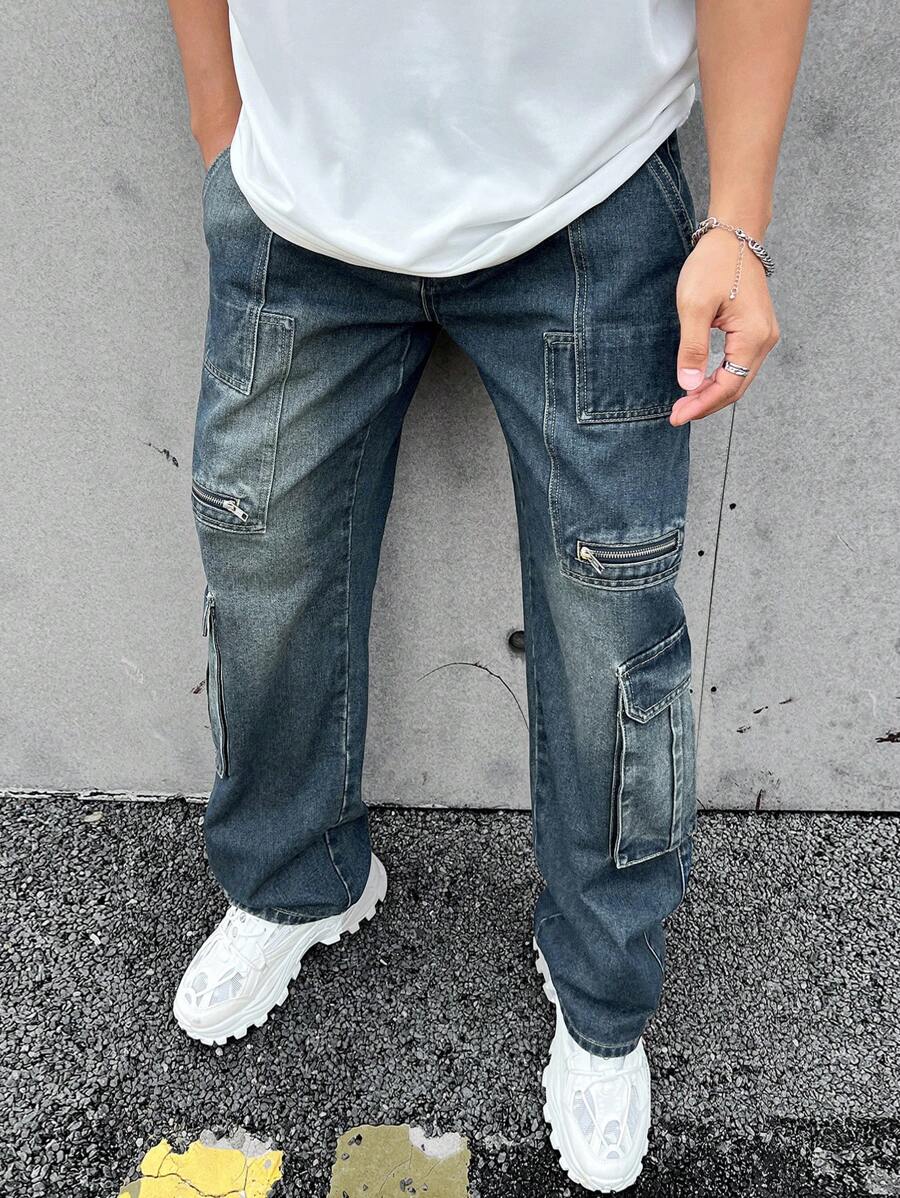 Manfinity EMRG Loose Fit Men's Cargo Denim Jeans With Multiple Pockets ...