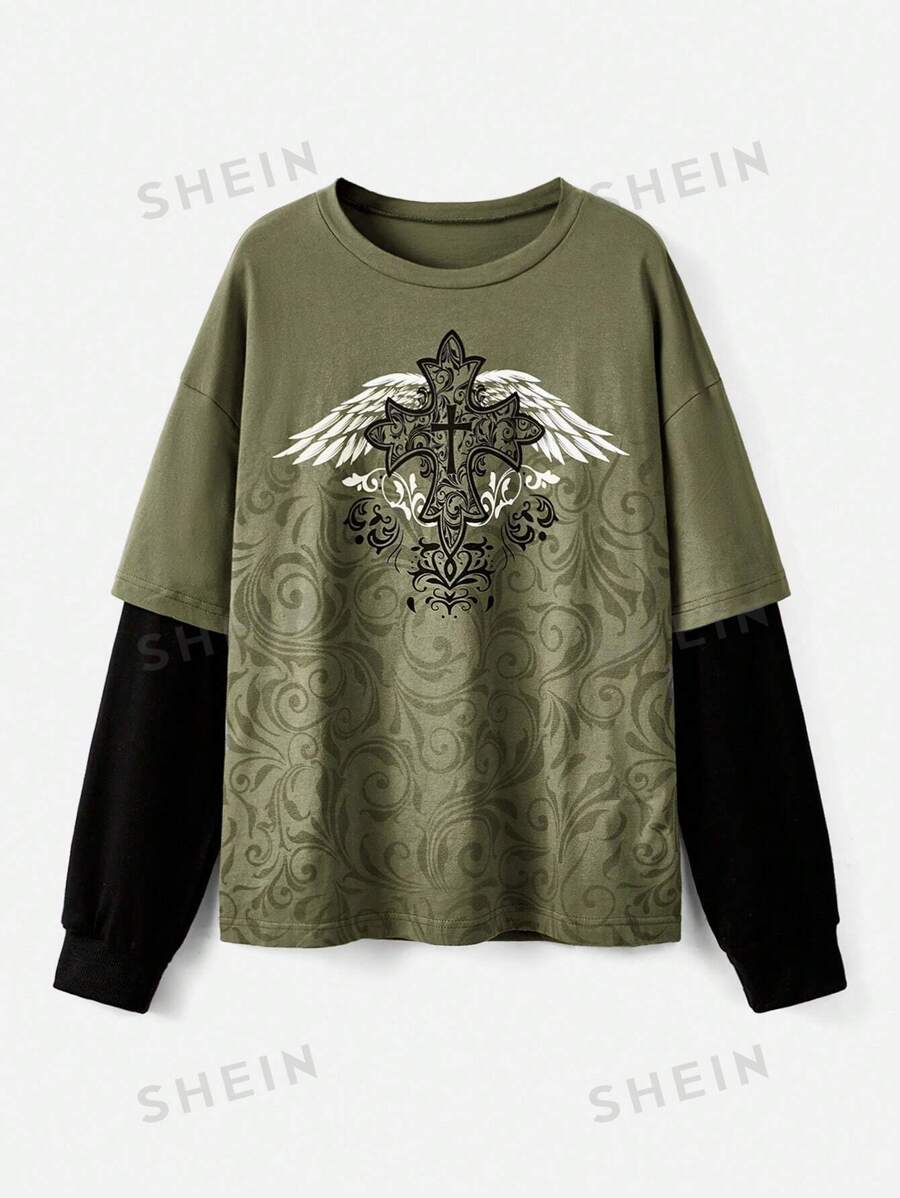 ROMWE Grunge Punk Women's Color Block Wing Pattern Drop Shoulder Long ...