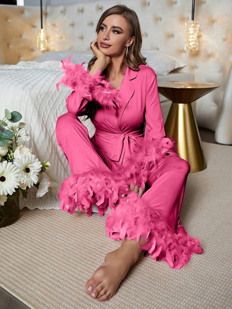 Fuzzy Belted Colorful Pyjama Set | SHEIN UK