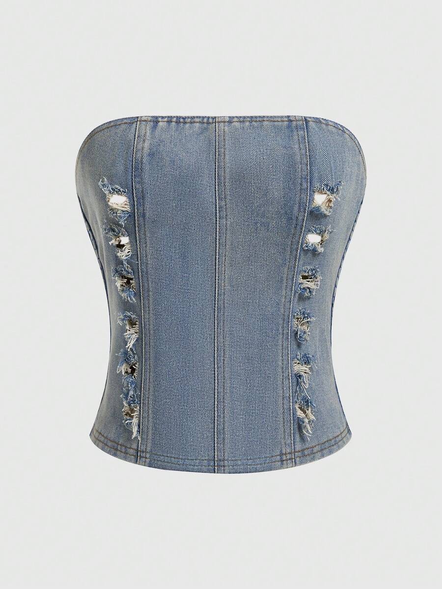 ROMWE PUNK Distressed Frayed Edge Denim Strapless Top | SHEIN USA