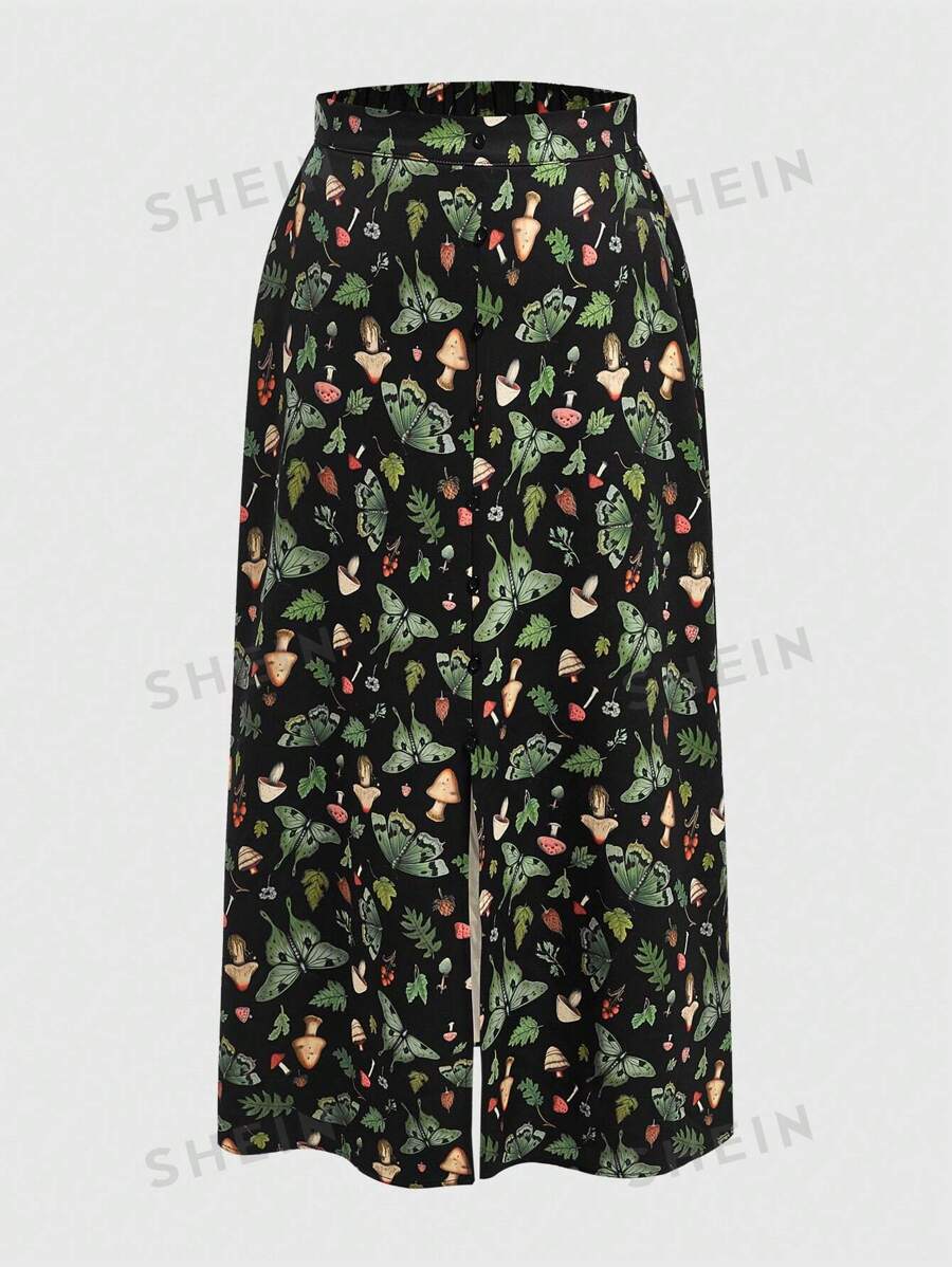 ROMWE Fairycore Plus Size Mushroom And Plant Print Split Hem Skirt ...