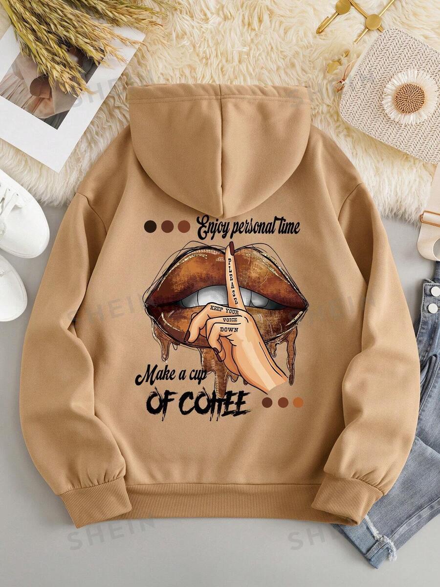 SHEIN EZwear Women's Fleece Hoodie With Cartoon Character And Slogan ...