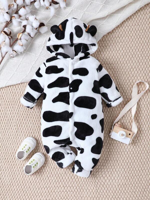 Baby Boy Cow Print 3d Ear Design Hooded Jumpsuit | SHEIN USA