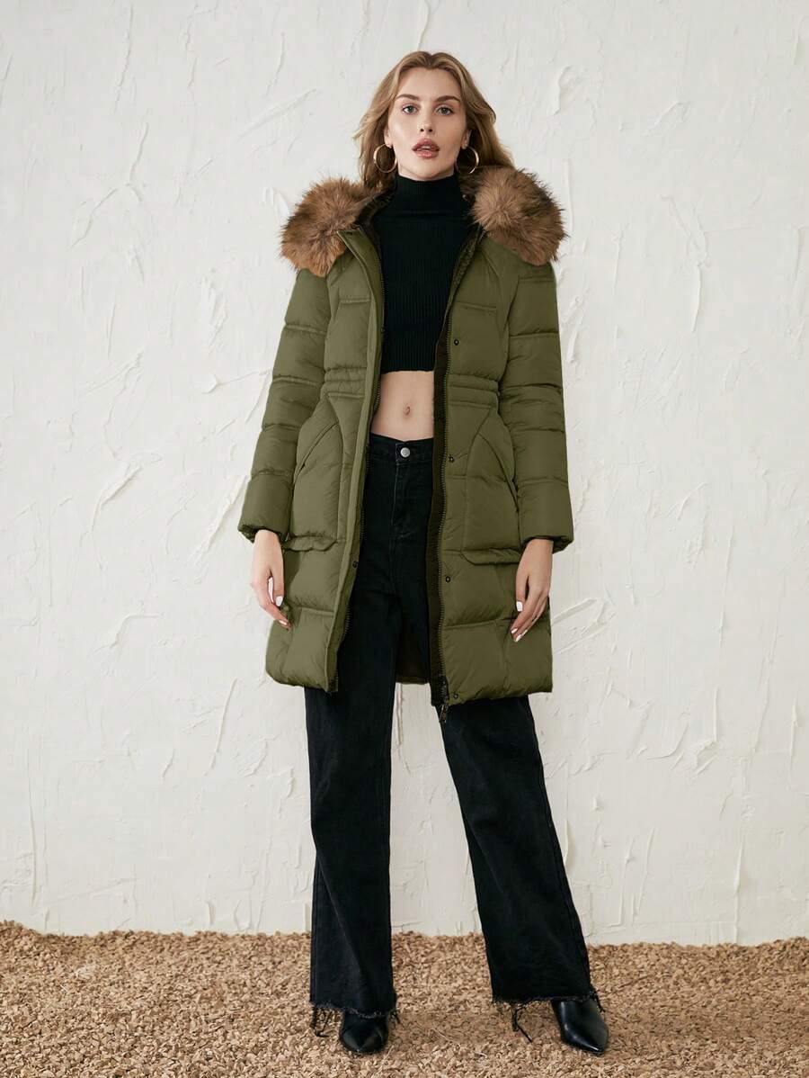 Anewsta Fuzzy Trim Hooded Padded Coat | SHEIN USA