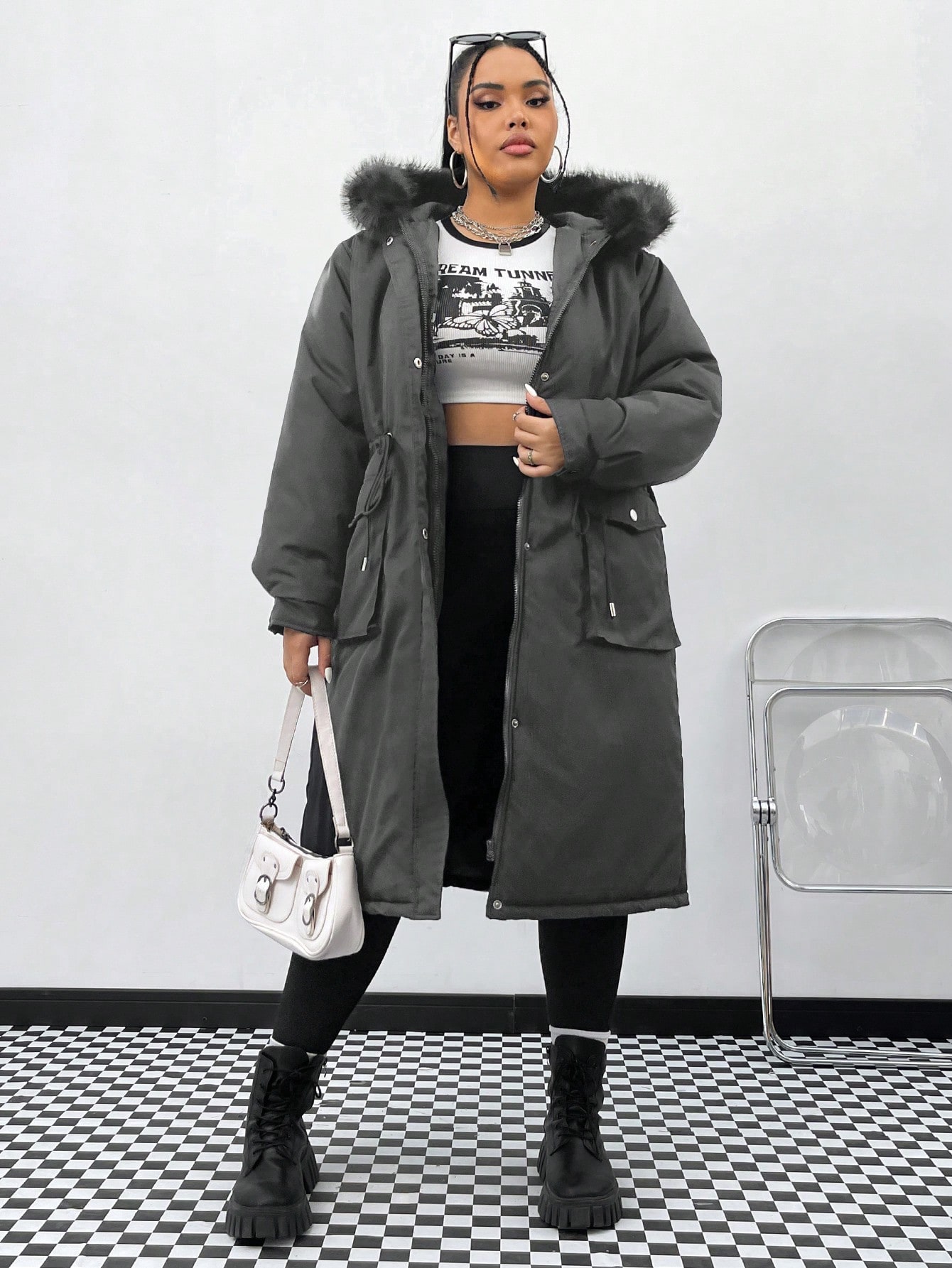SHEIN EZwear Plus Size Long Parka Coat With Splice And Collar | SHEIN UK