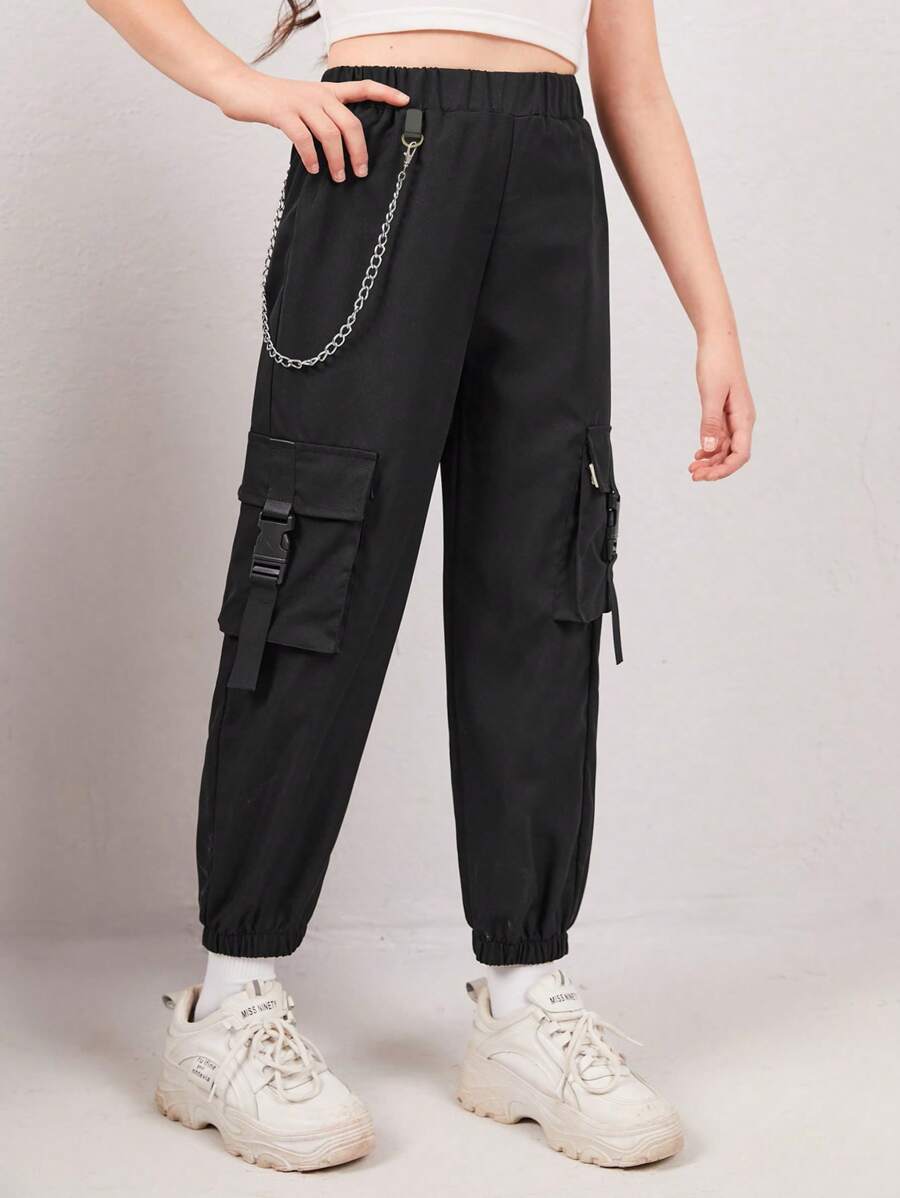 Tween Girl Flap Pocket Buckle Tape Chain Detail Cargo Pants | SHEIN USA