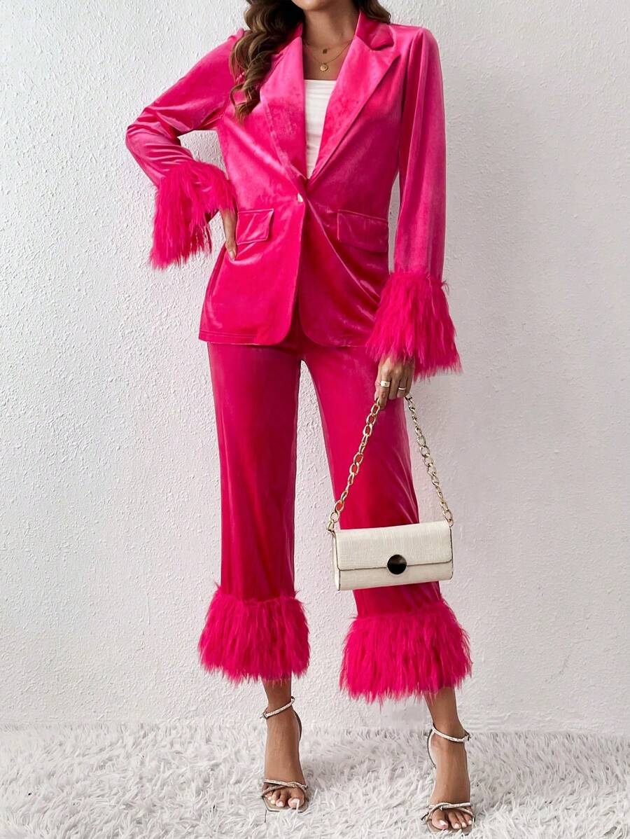 SHEIN LUNE Feather Embellished Solid Color Flat Collar Suit Set | SHEIN USA