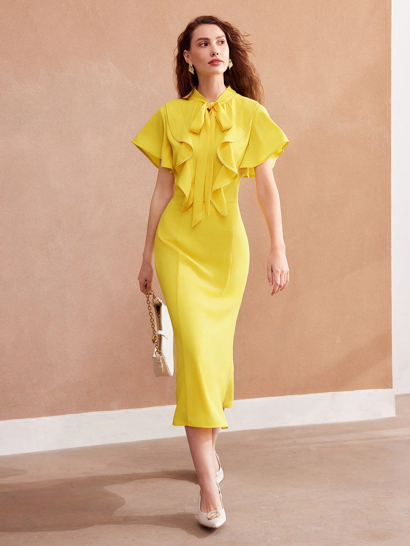 Motf Premium Woven Tie Neck Ruffle Trim Dress For Women Shein Euqs