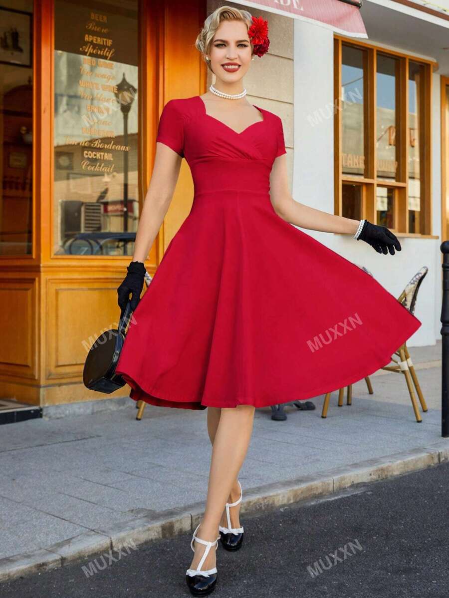 MUXXN Vintage 1950's Square Neck A-Line Cocktail Party Swing Dress ...