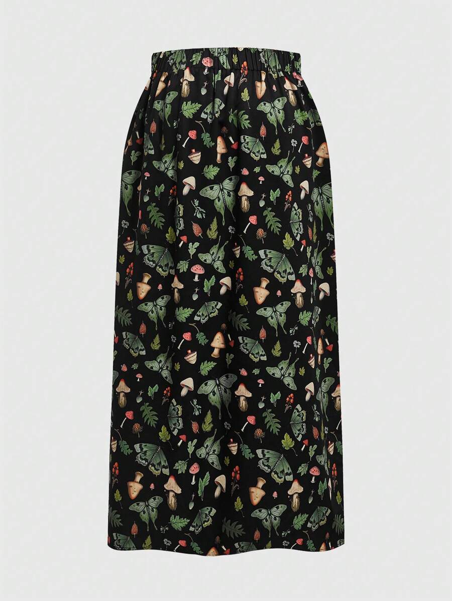 ROMWE Fairycore Plus Size Mushroom And Plant Print Split Hem Skirt ...