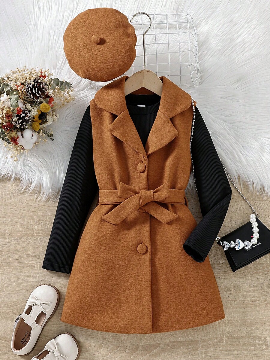 SHEIN Kids FANZEY Tween Girls Plaid Collar, Belt, Vest, Coat, Long ...