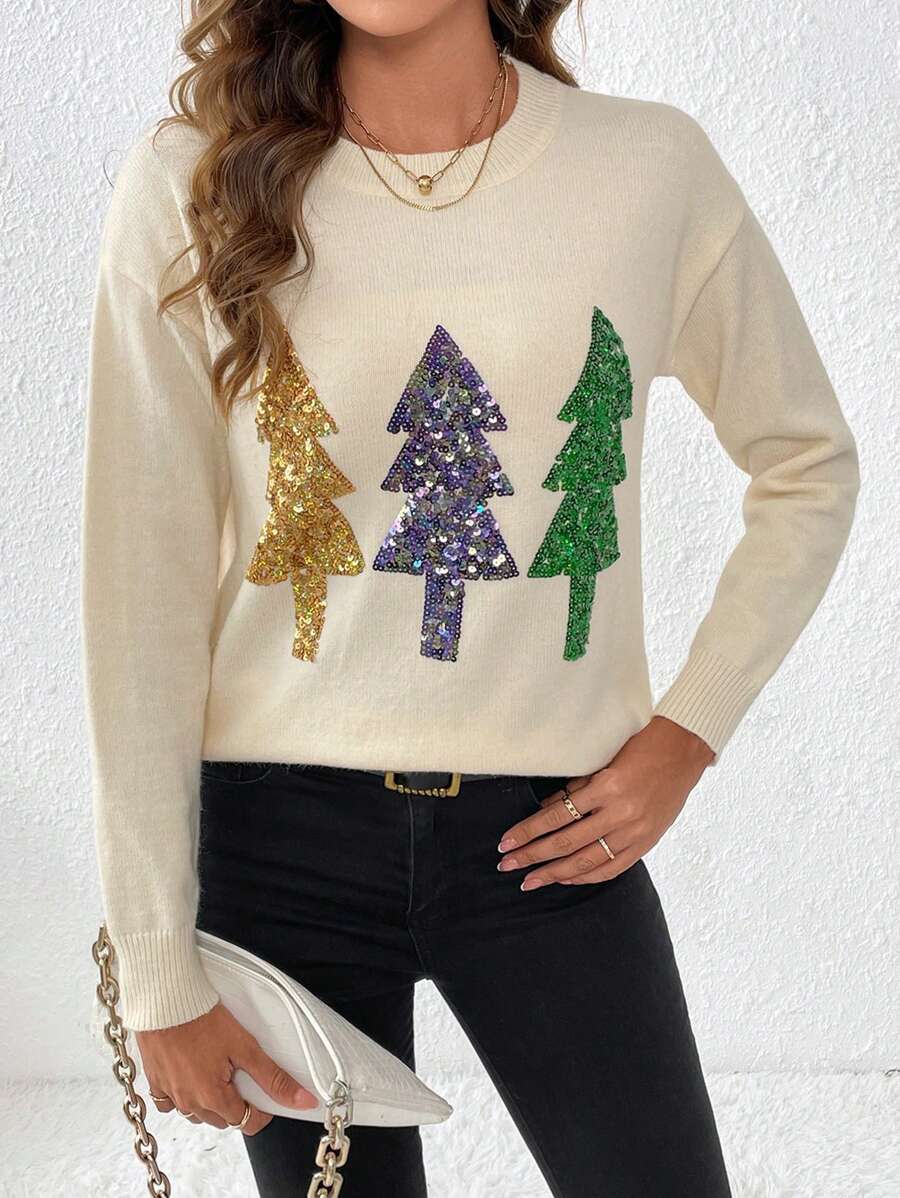 SHEIN Frenchy Women'S Round Neck Sweater With Three-Color Glitter ...