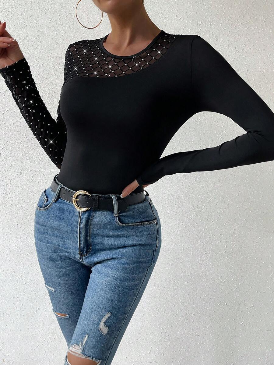 Rafferiza Women's Mesh Panel Round Neck Top | SHEIN USA