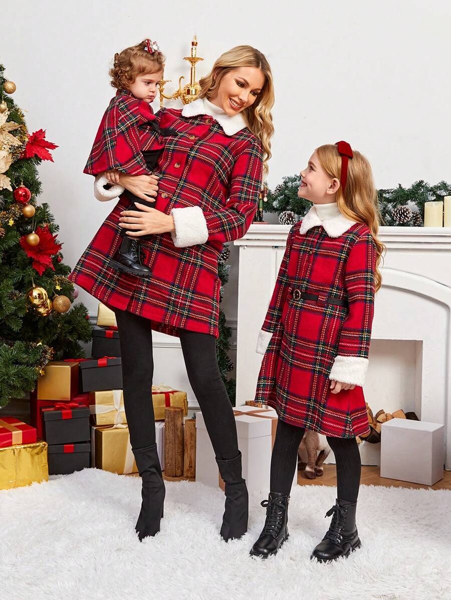 SHEIN Tween Girls' Christmas Party Red Plaid Patchwork Double-Sided ...