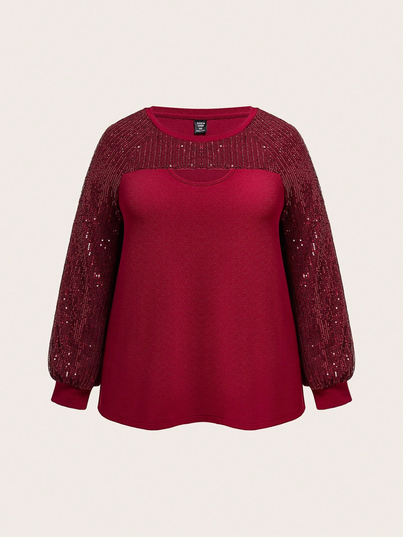 Shein Clasi Plus Contrast Sequin Cut Out Front Lantern Sleeve Top