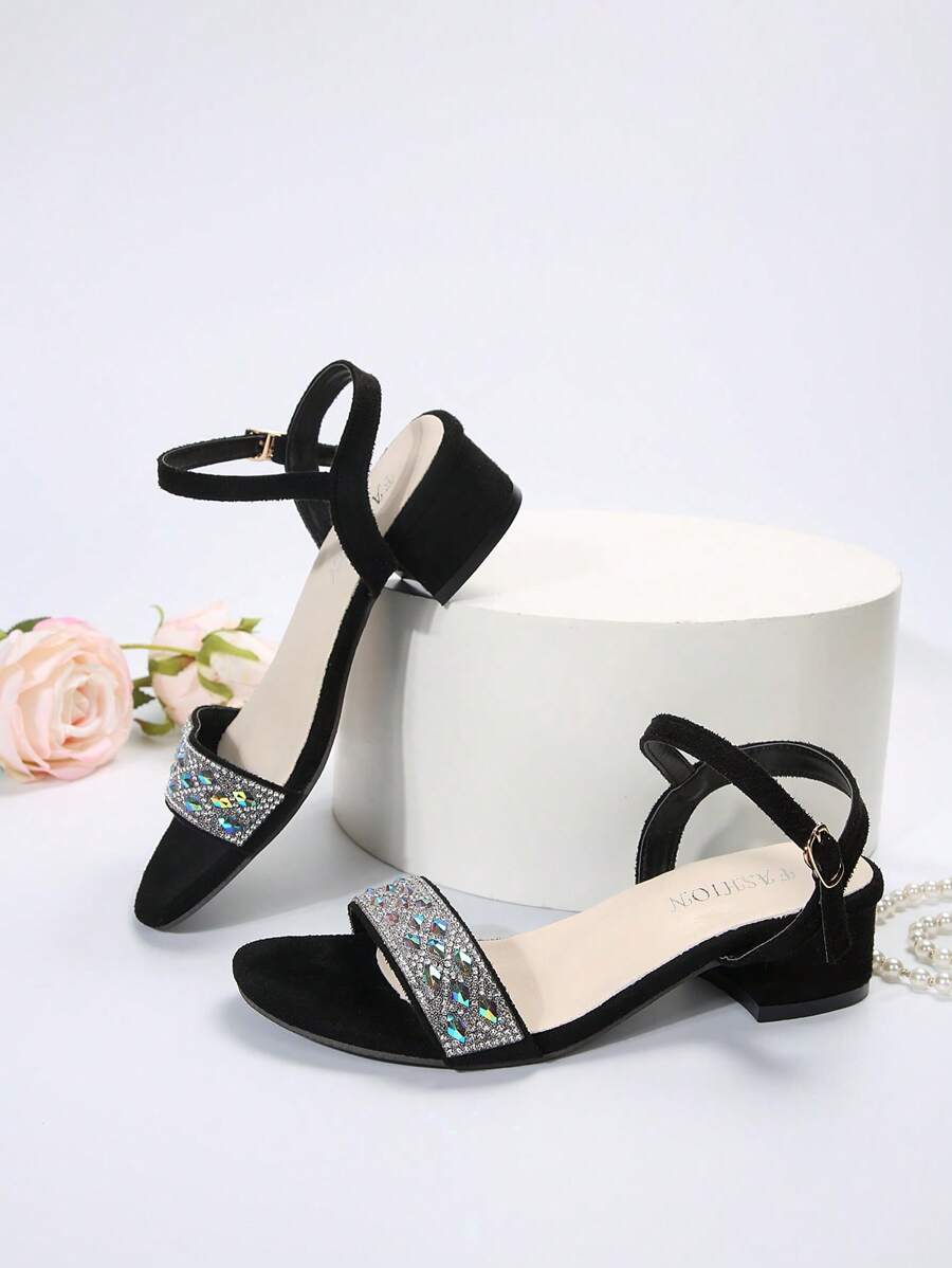 Women's Rhinestone High Heel Sandals Summer Style Chunky Heel Buckle ...