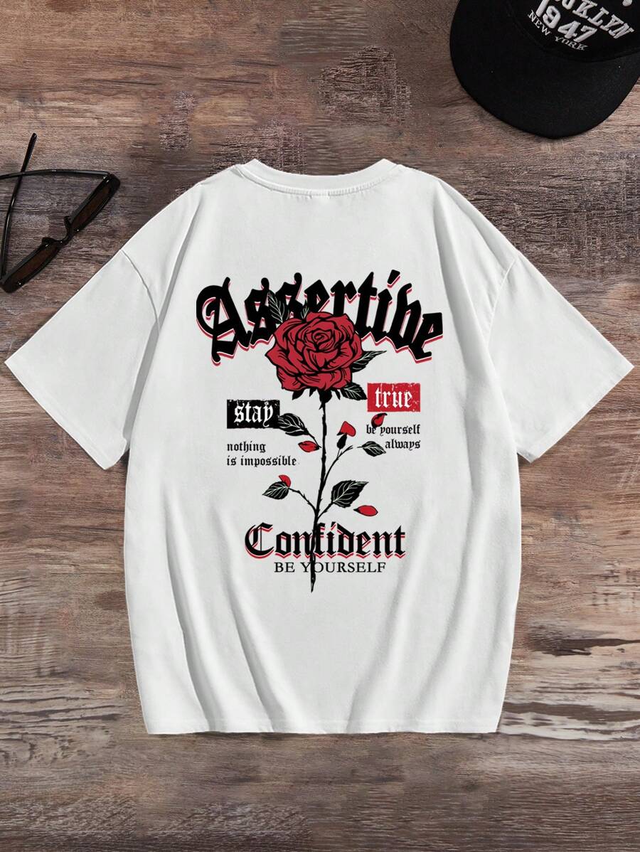 Teenage Boys' Casual Rose & Letter Print Short Sleeve T-shirt, Suitable ...