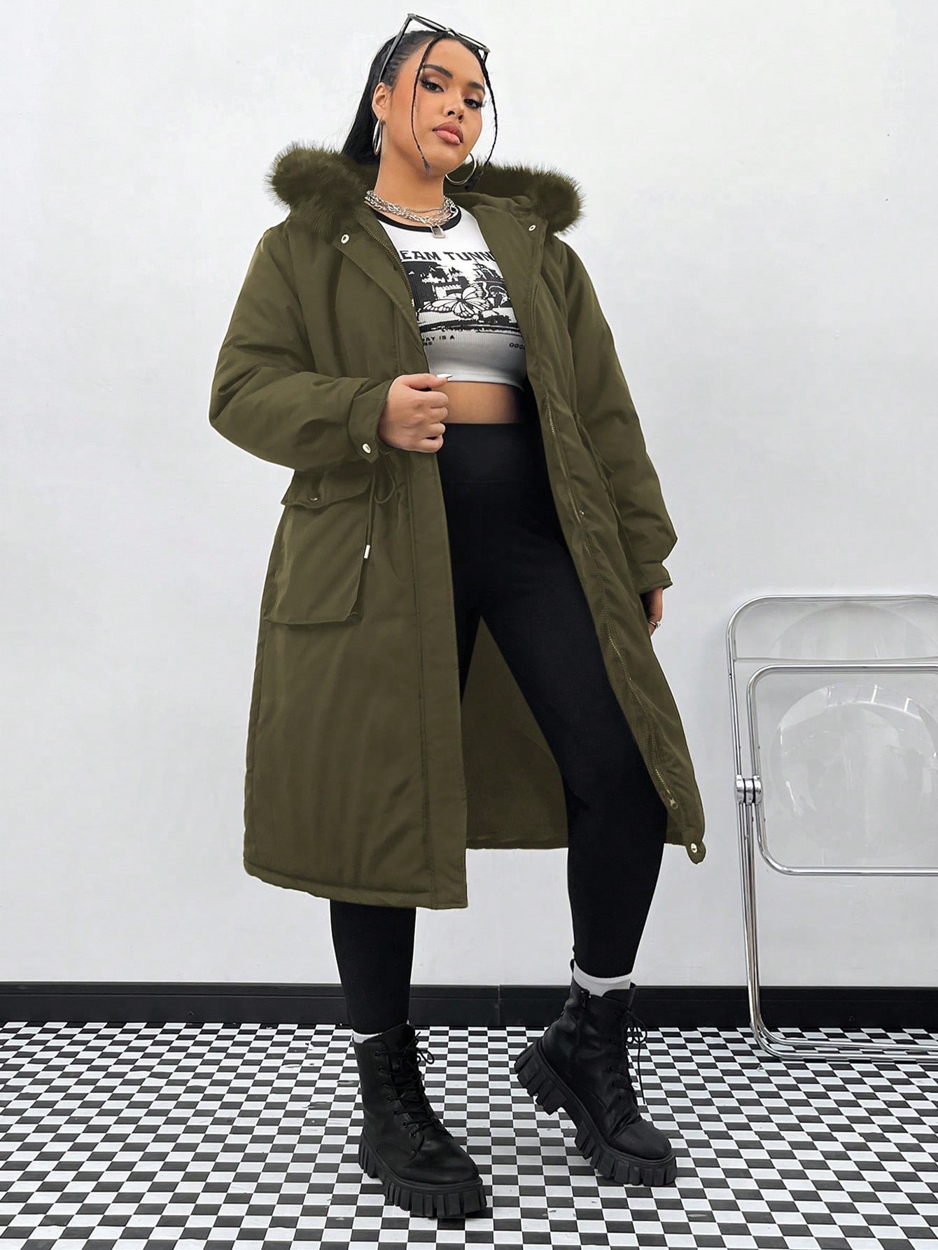 SHEIN Coolane Women's Plus Size Hooded Trim Drawstring Parka Coat ...