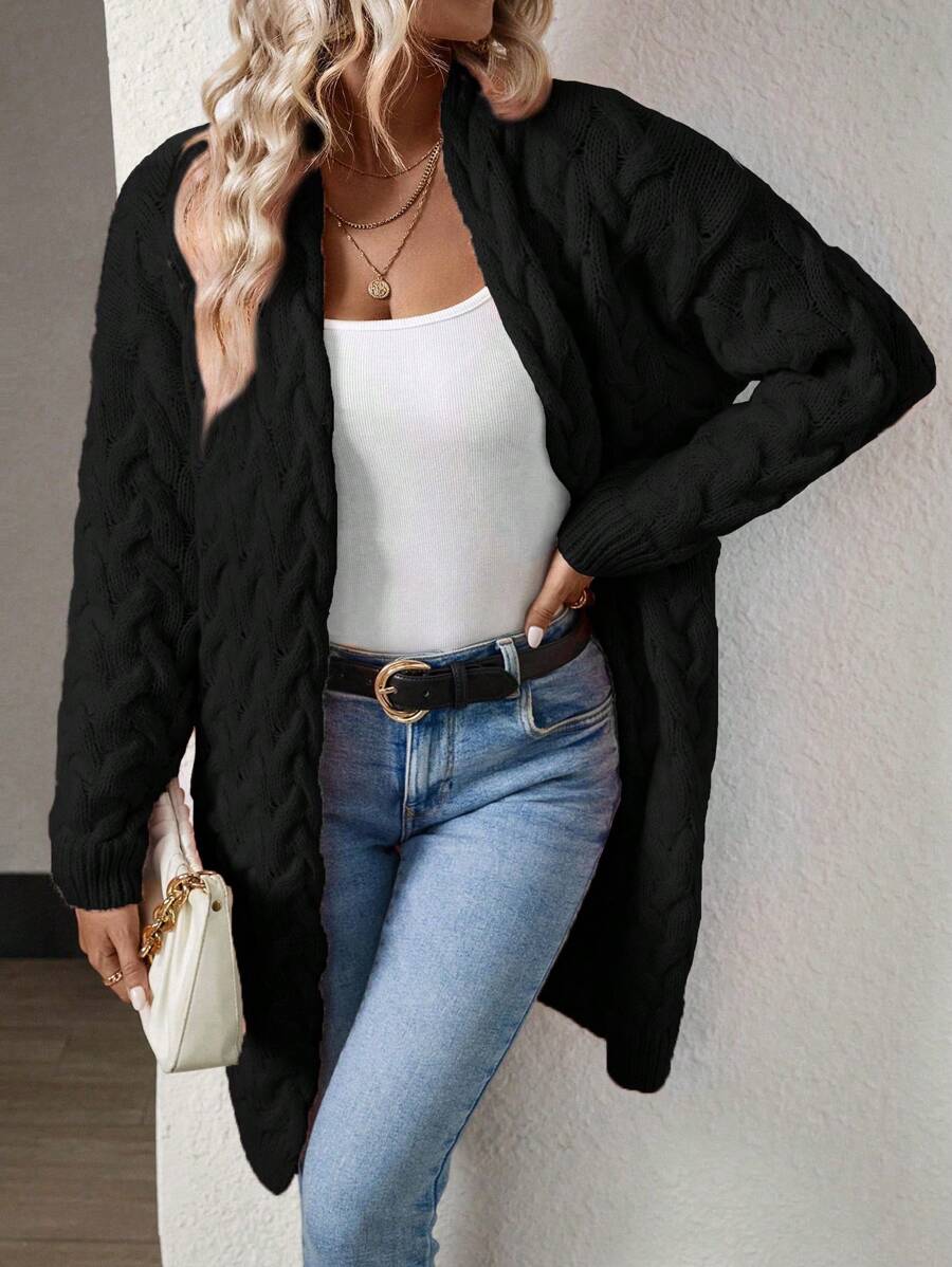 SHEIN LUNE Women's Knitted Black Cardigan,Ladies Late Fall Casual Cable-Knit Drop Shoulder Loose ...